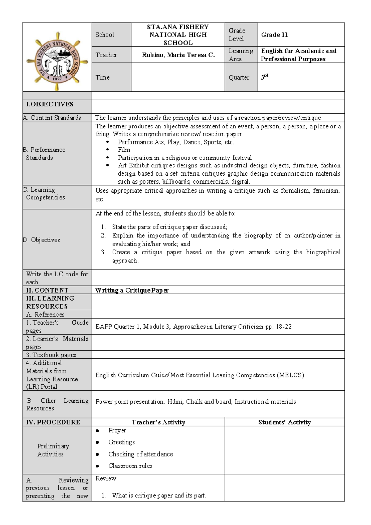 DLP Critique Lesson Plan for EAPP 11 - Frida Kahlo's Art Analysis - Studocu