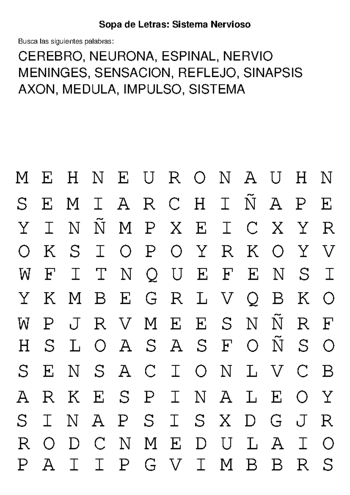 Sopa de Letras: Sistema Nervioso y Palabras Clave - Studocu