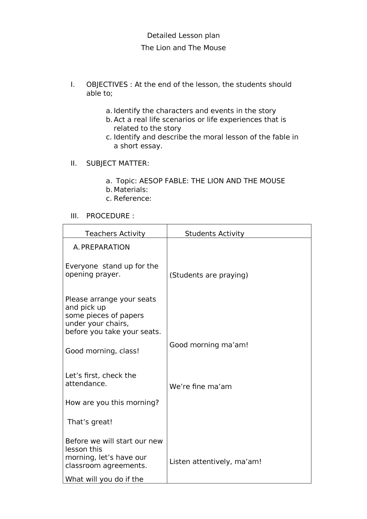 DLP Final - Detailed Lesson Plan: The Lion and The Mouse - Studocu