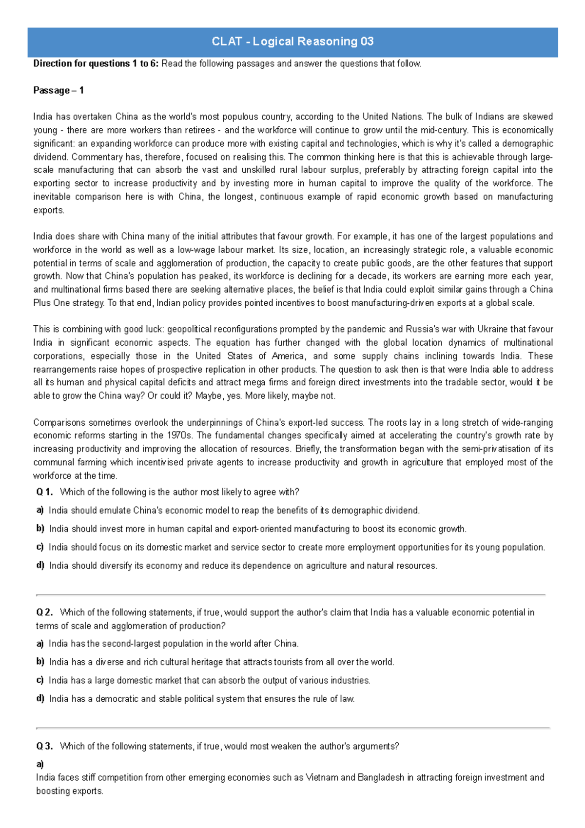 CLAT Logical Reasoning Question Paper 03: Passages & Answers - Studocu