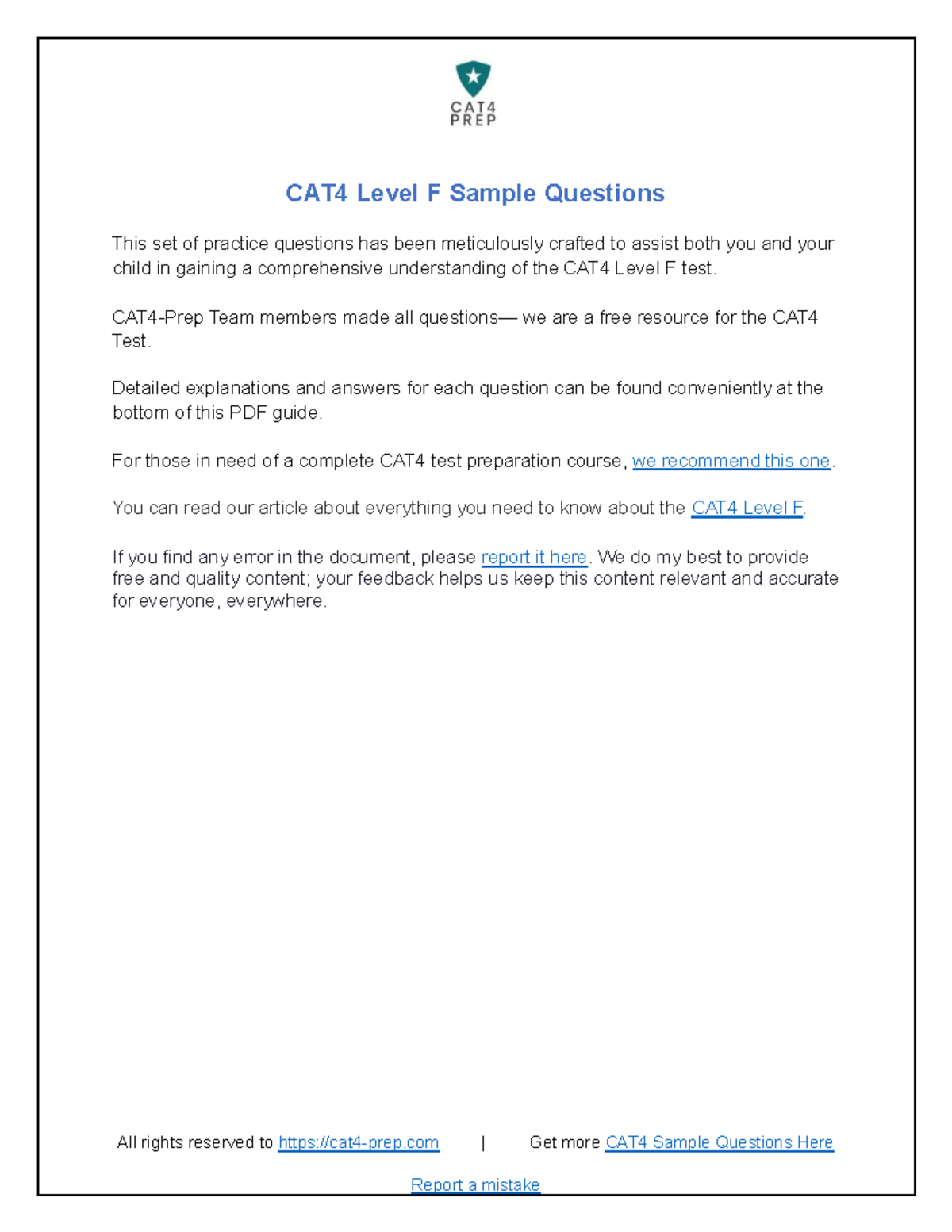 CAT4 Level F: Comprehensive Sample Questions & Answers Guide - Studocu