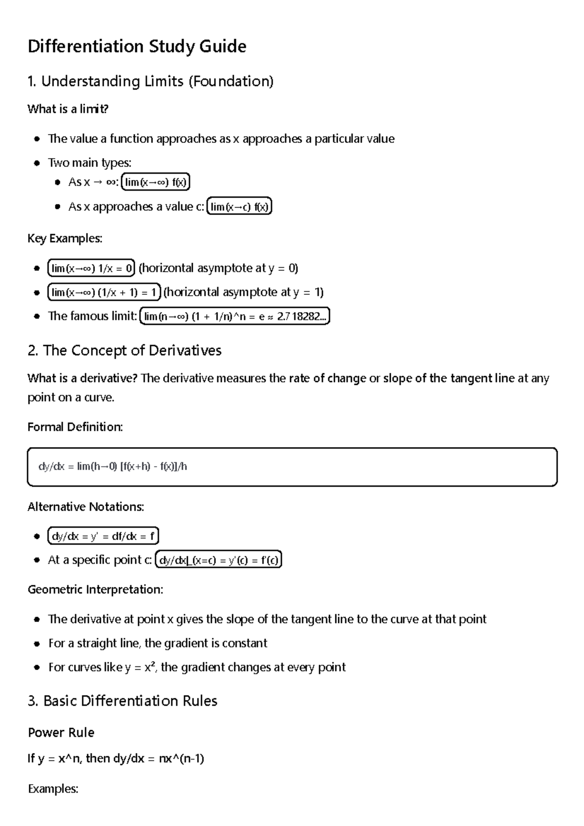 Differentiation Study Guide 1: Understanding Limits & Derivatives - Studocu