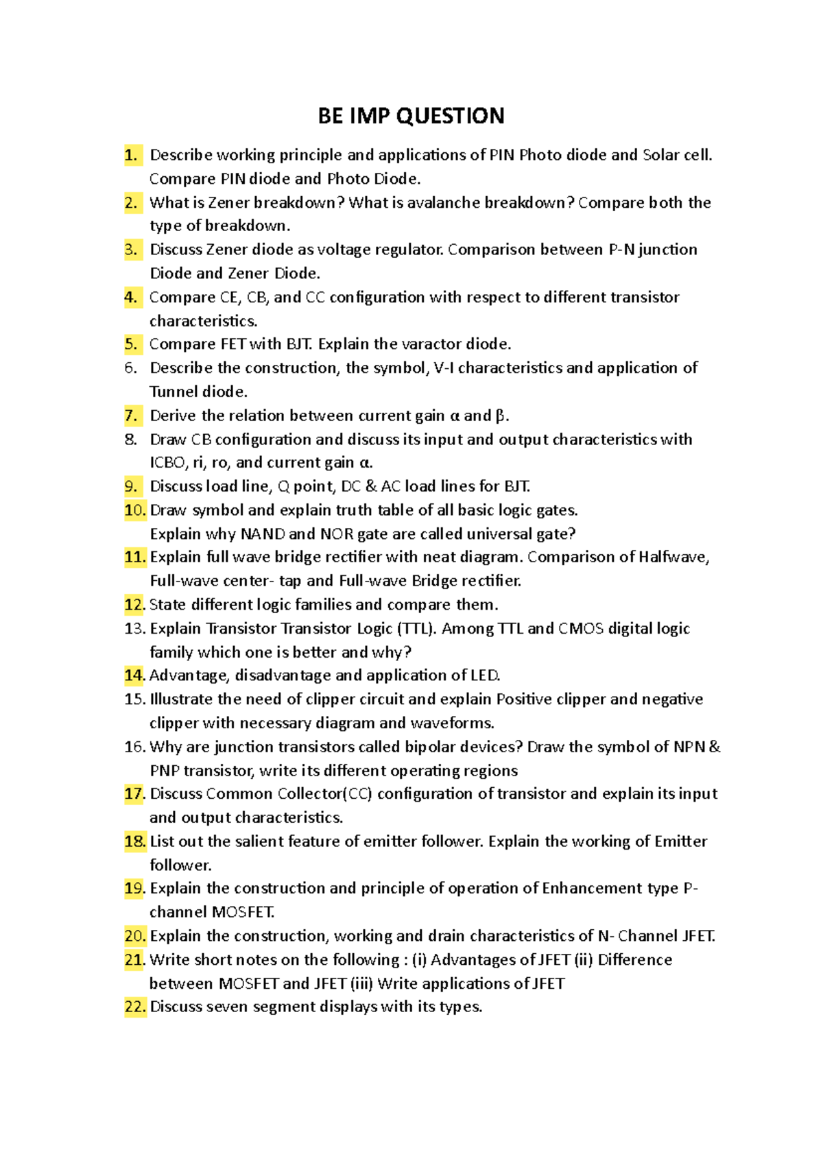BE IMP Question - BE IMP QUESTION Describe working principle and ...