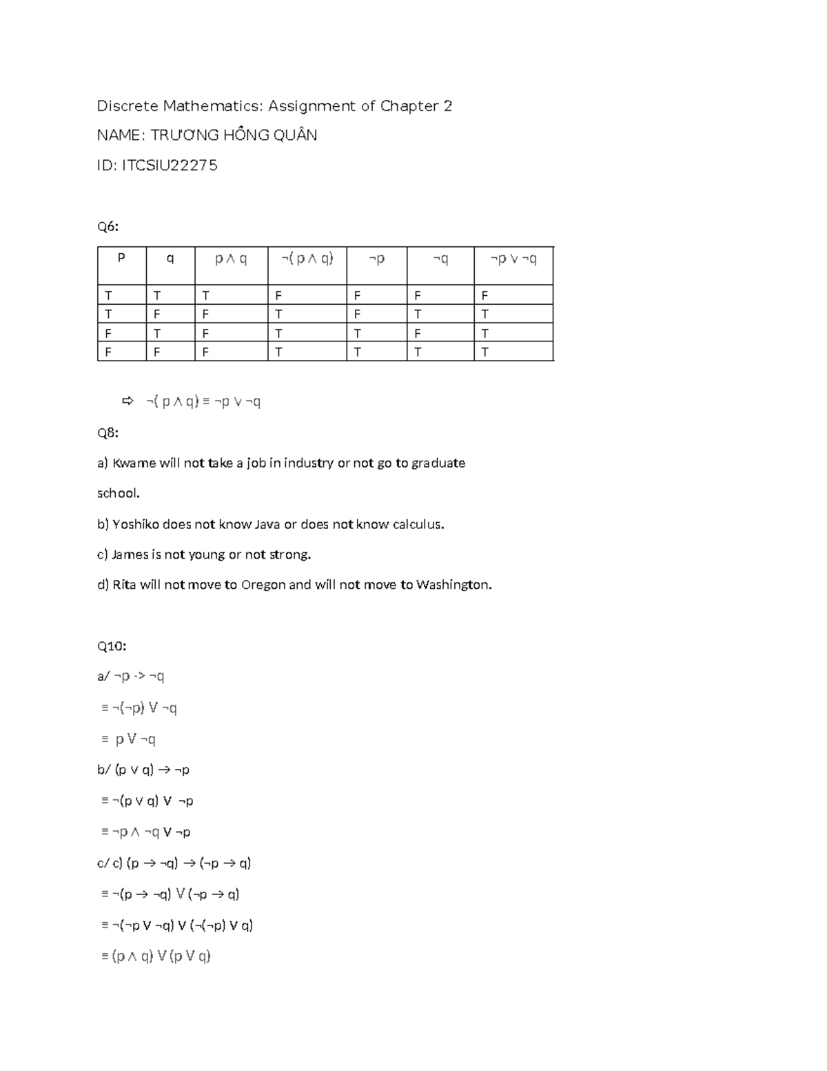 Discrete Mathematics - DM Note - Discrete Mathematics: Assignment of Chapter 2 NAME: TRƯƠNG HỒNG ...