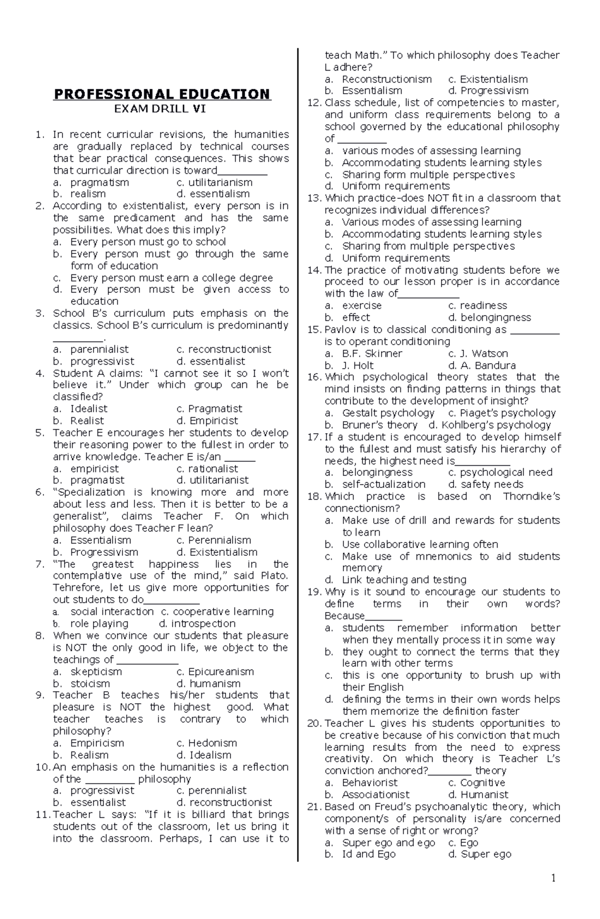 Profed 3 - Final Exam Reviewer: Understanding Education Philosophies ...