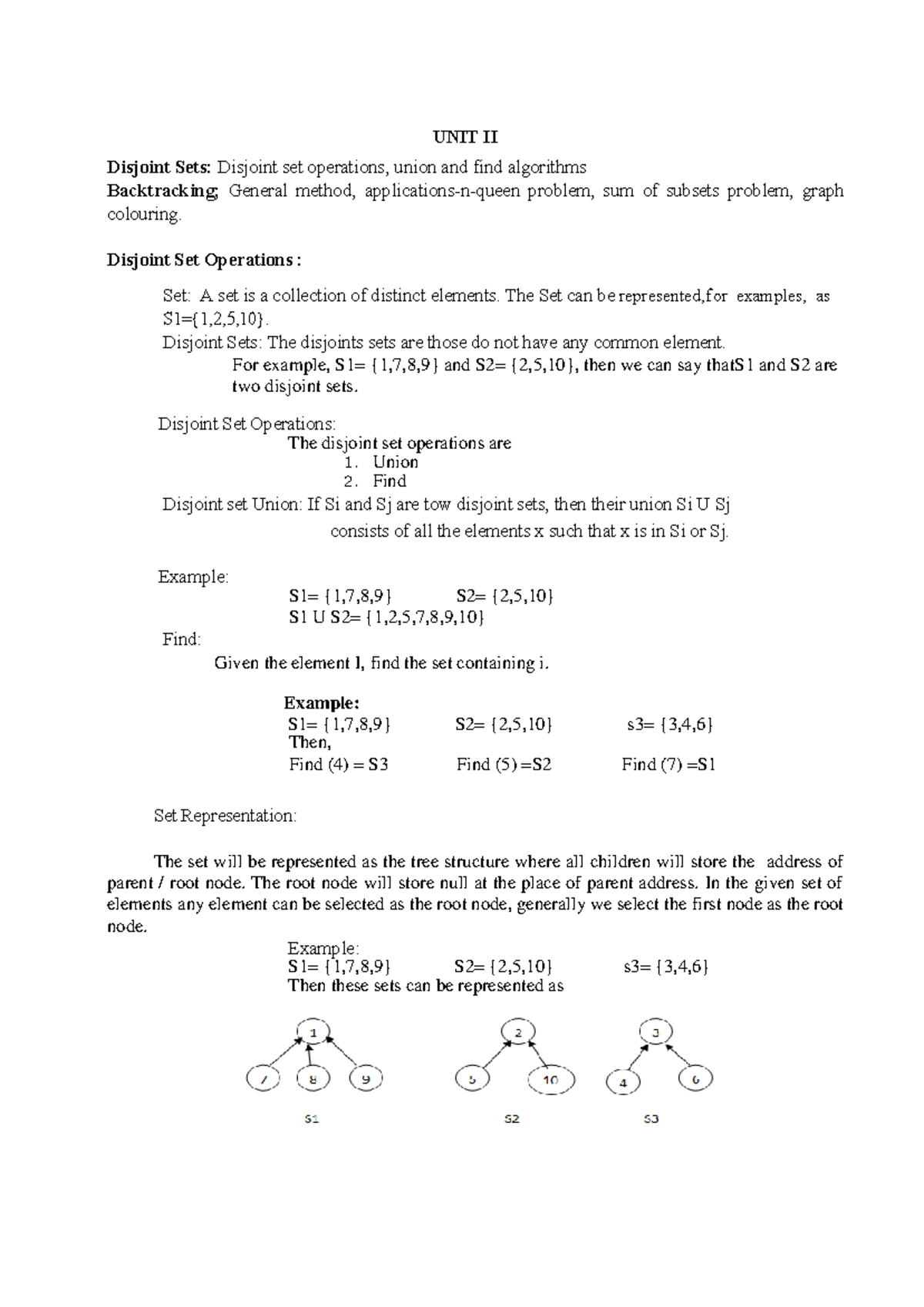 DAA UNIT II - Comprehensive Notes on Disjoint Sets & Backtracking - Studocu