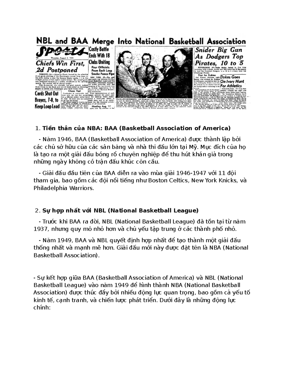 Lịch sử và sự phát triển của NBA: Từ BAA và NBL đến hiện tại - Studocu