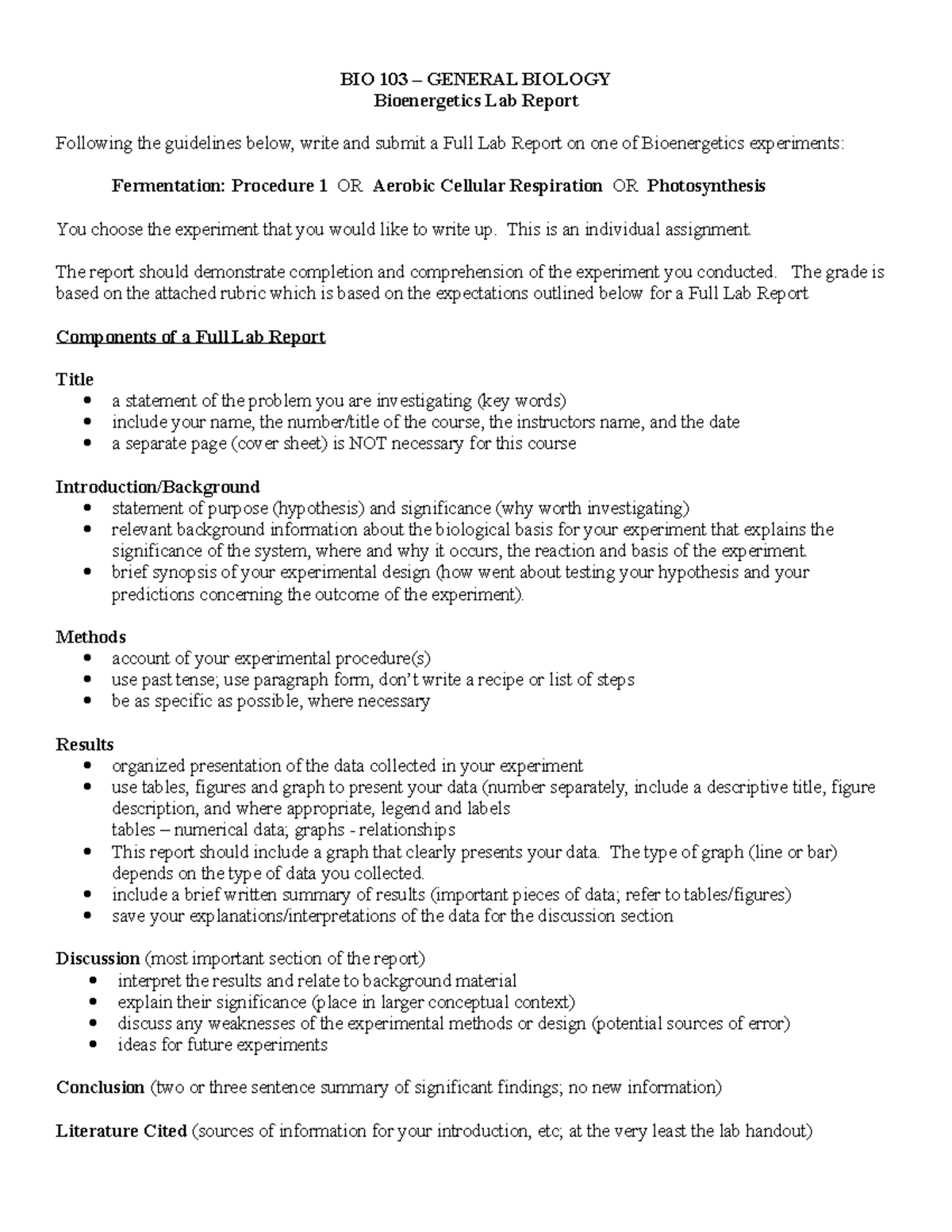 BIO 103 Bioenergetics Lab Report Submission Guidelines and Criteria ...