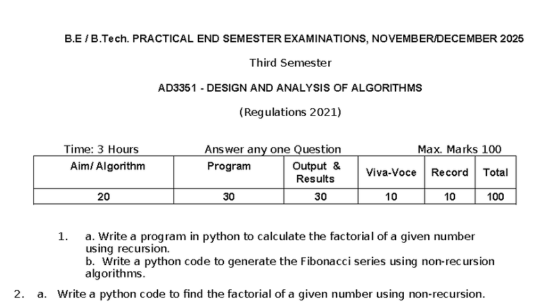 B.E B.Tech. AD3351 Design & Analysis of Algorithms Lab Questions 2025 ...