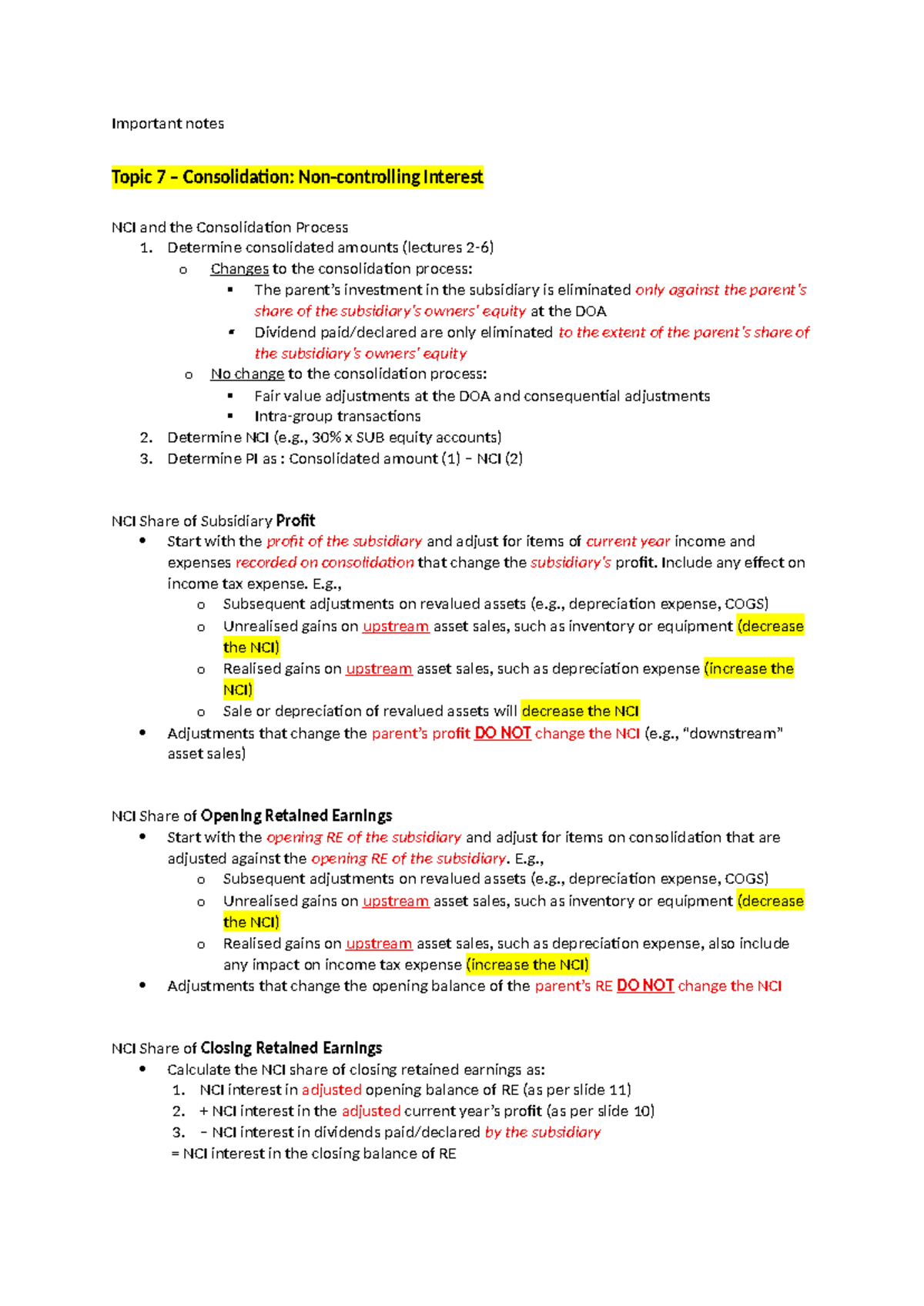 NCI Summary Week 7: Consolidation Process & Interest Analysis - Studocu