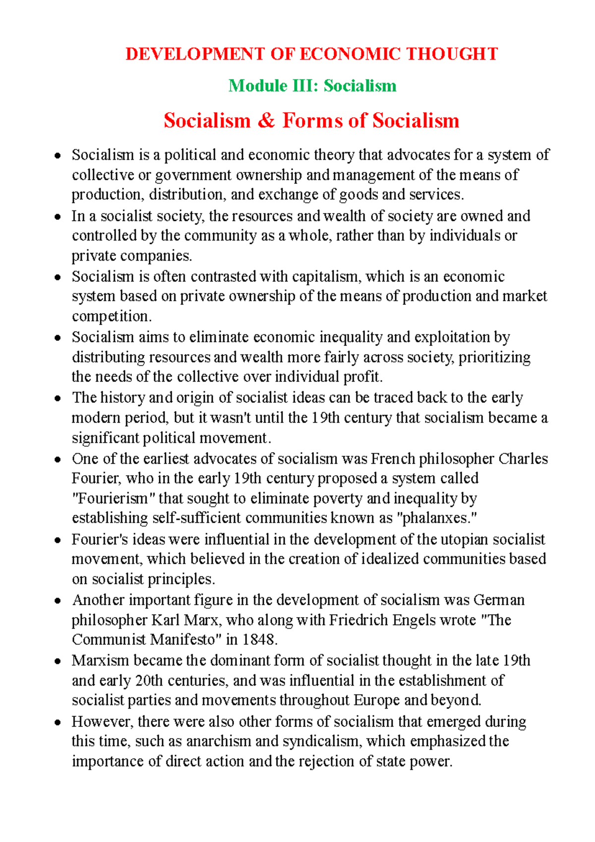Module III: Development of Economic Thought on Socialism - Studocu