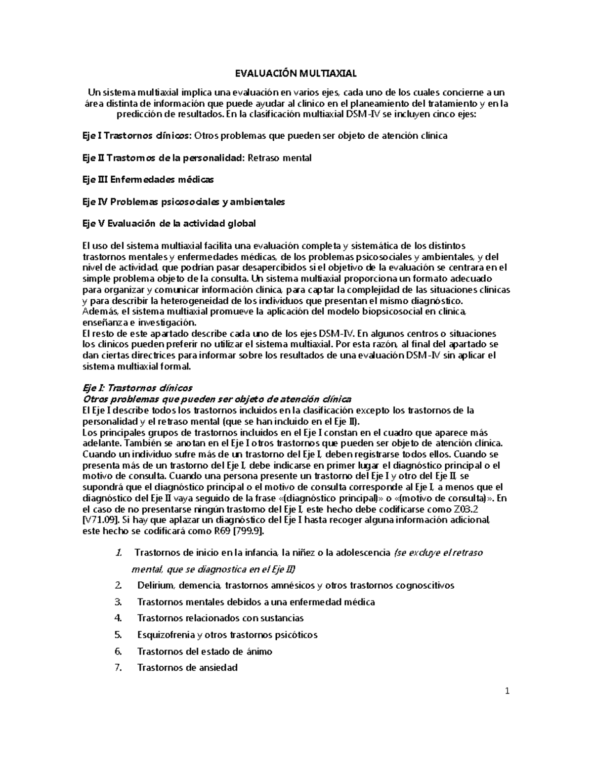 Evaluación Multiaxial en Trastornos Mentales y DSM-IV - Studocu