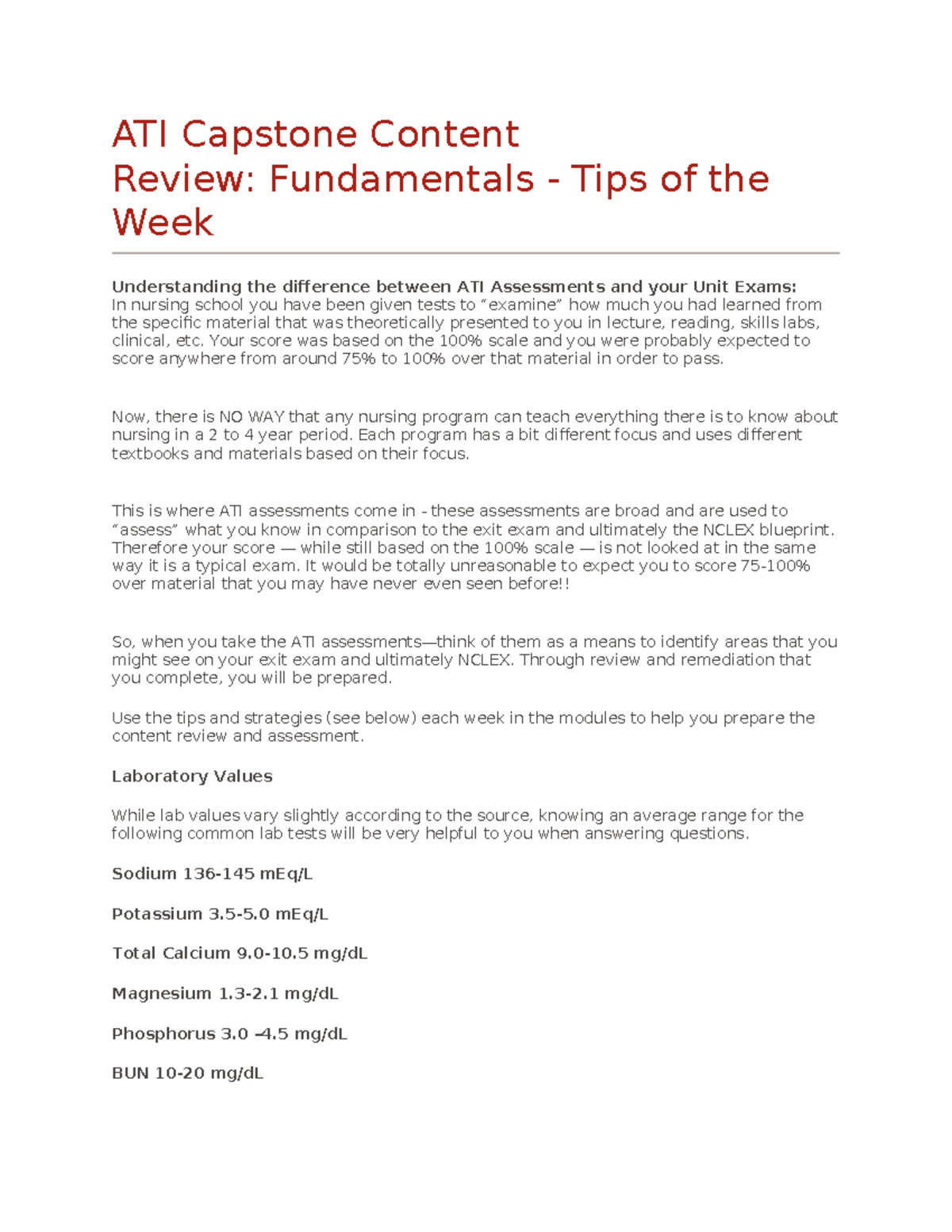 ATI Fundamentals 1 Capstone Review: Key Tips and Lab Values Guide - Studocu