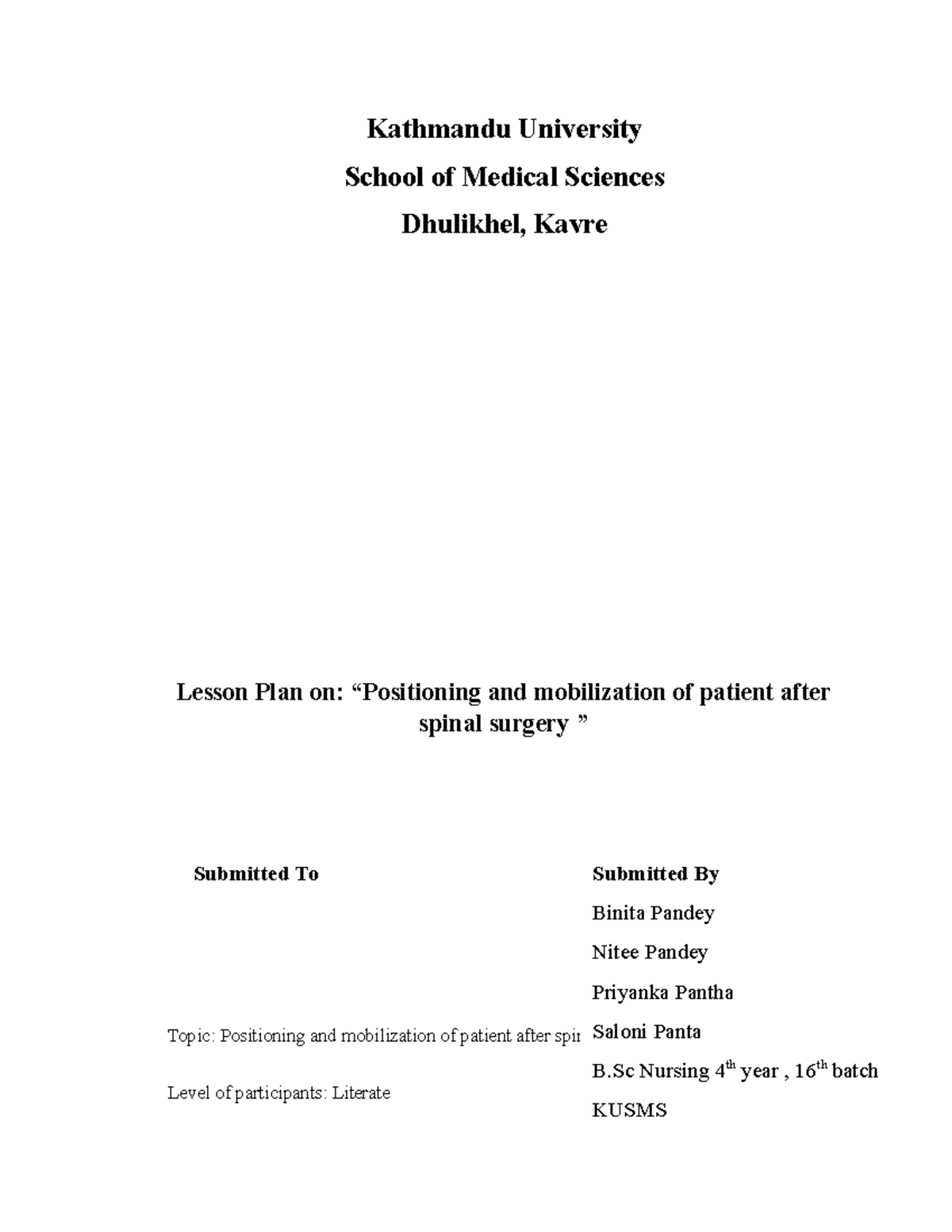 KUSMS B.Sc Nursing 4th Year Lesson Plan: Patient Mobilization Post ...