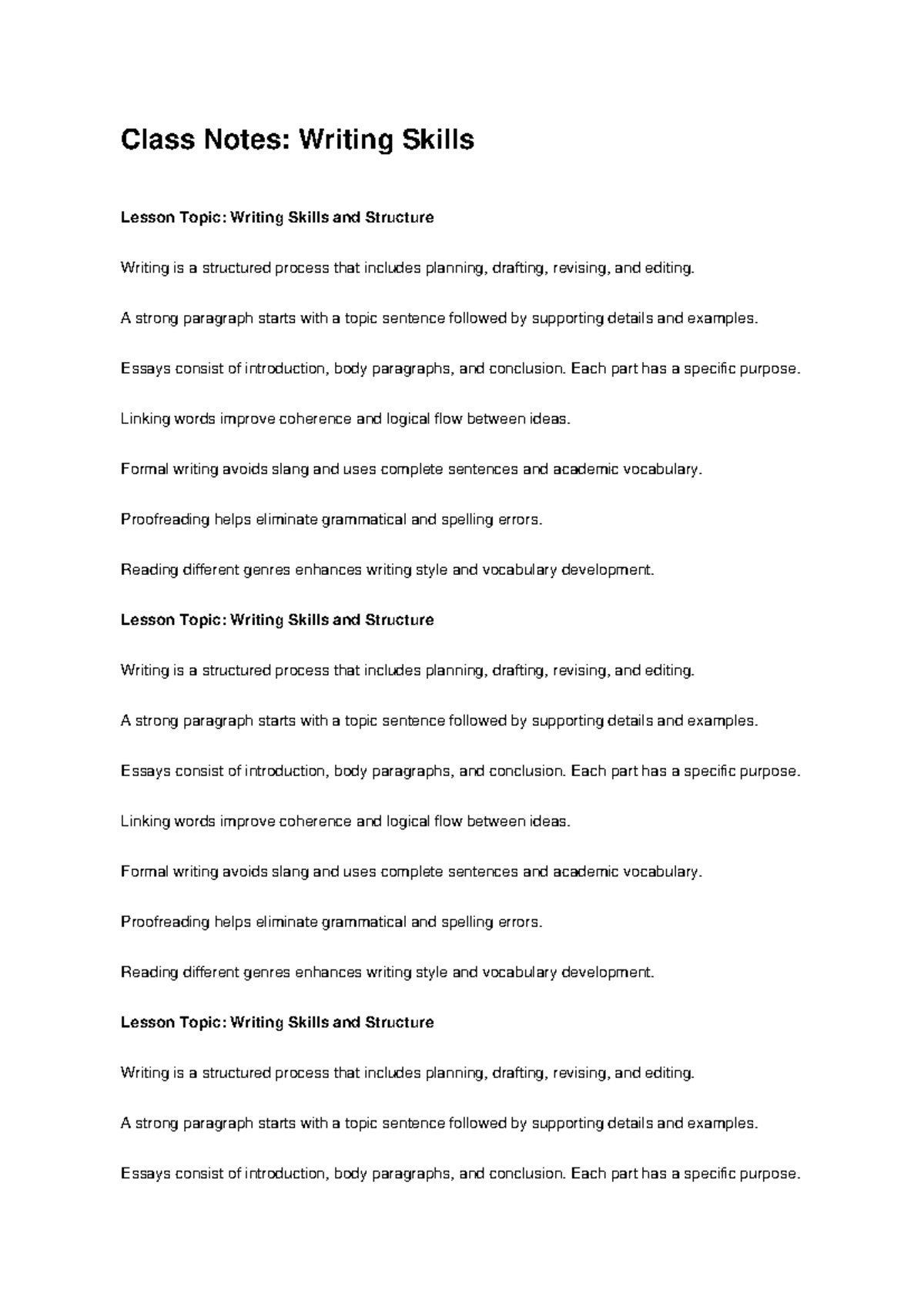 Writing Skills Lesson Notes: Structure & Process - Studocu
