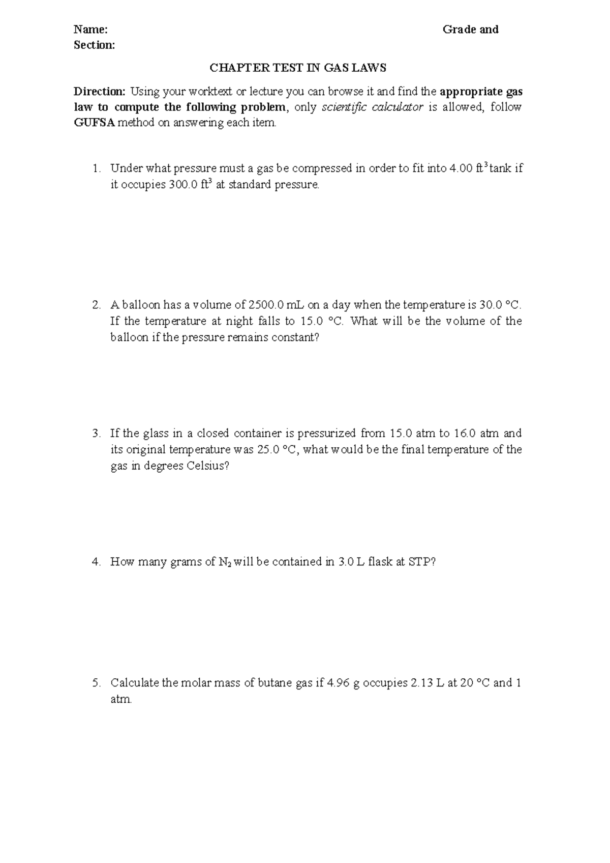 GAS LAWS CHAPTER TEST & QUIZ - Activity for Chemistry 101 - Studocu