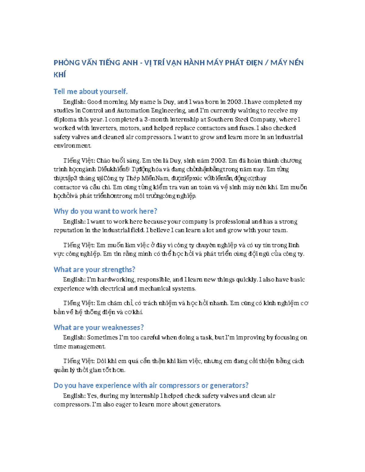 PHỎNG VẤN TIẾNG ANH - VỊ TRÍ VẬN HÀNH MÁY PHÁT ĐIỆN / MÁY NÉN KHÍ - Studocu