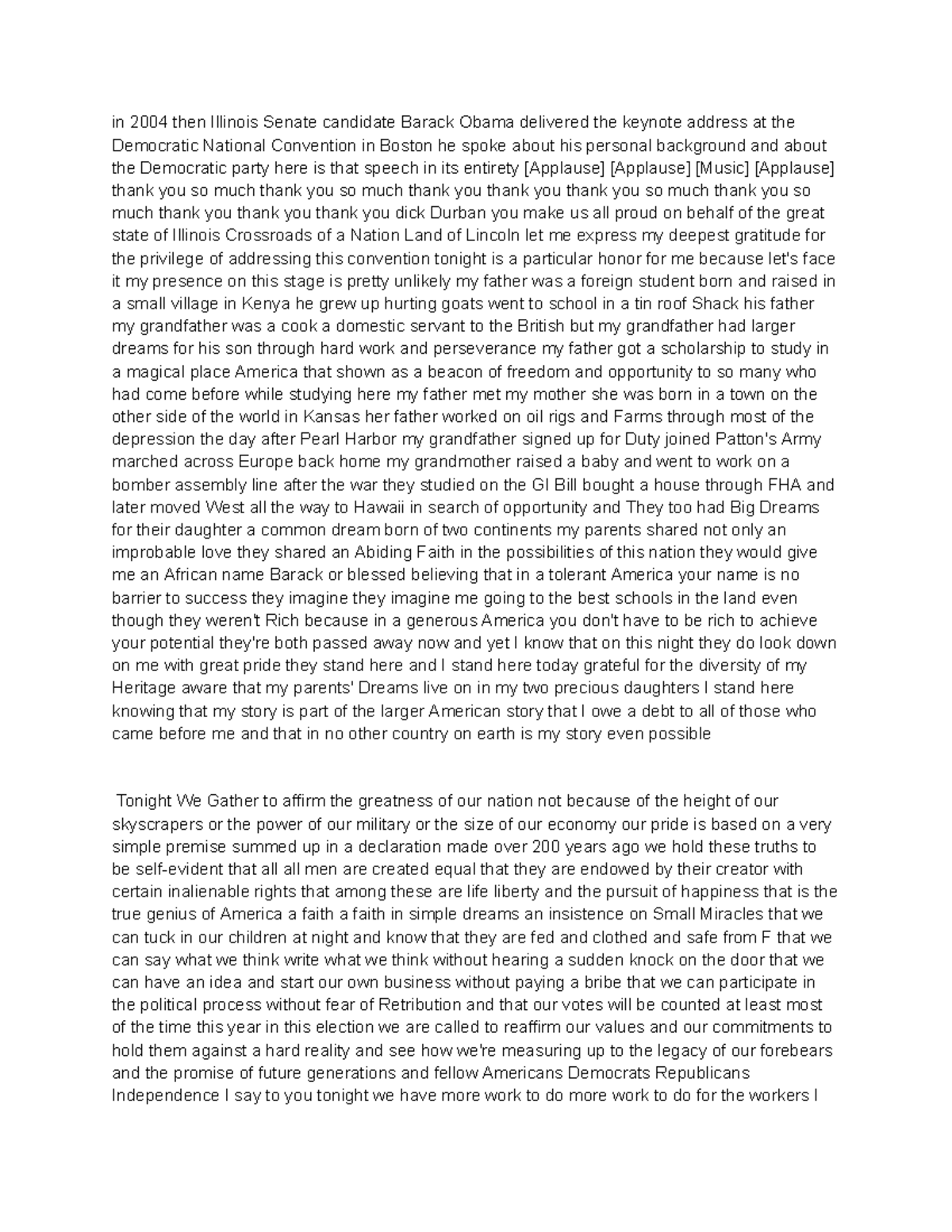 Barack Obama's Keynote Address at the 2004 DNC: Full Text - Studocu