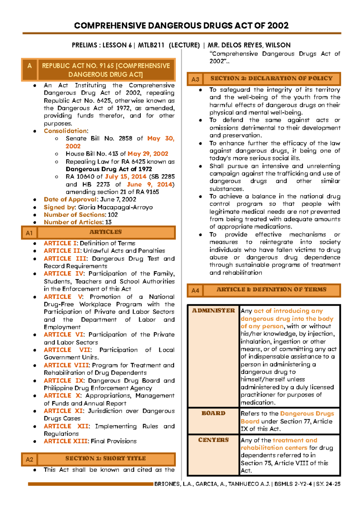 MTLB211 -WEEK-7-WEEK-8-RA-9165 - Comprehensive- Dangerous- Drugs-ACT-OF-2002 - PRELIMS : LESSON ...