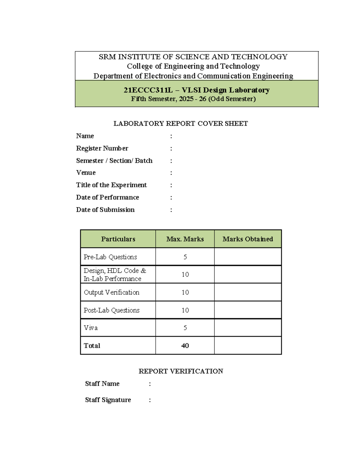VLSI-Lab cover page - SRM INSTITUTE OF SCIENCE AND TECHNOLOGY College ...