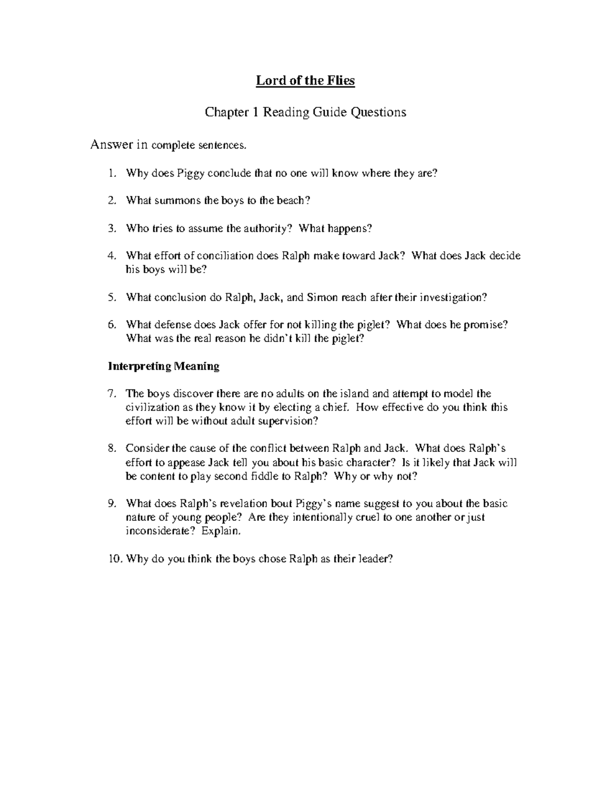 Lord of the flies - Lord of the Flies Chapter 1 Reading Guide Questions ...