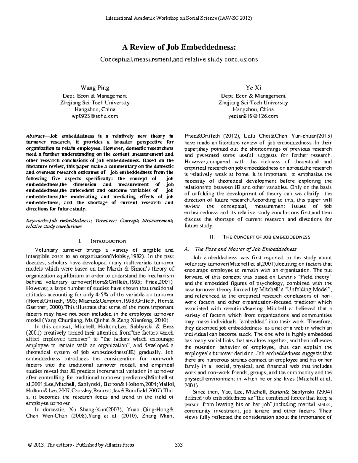 9360 - Management - A Review of Job Embeddedness: Conceptual ...