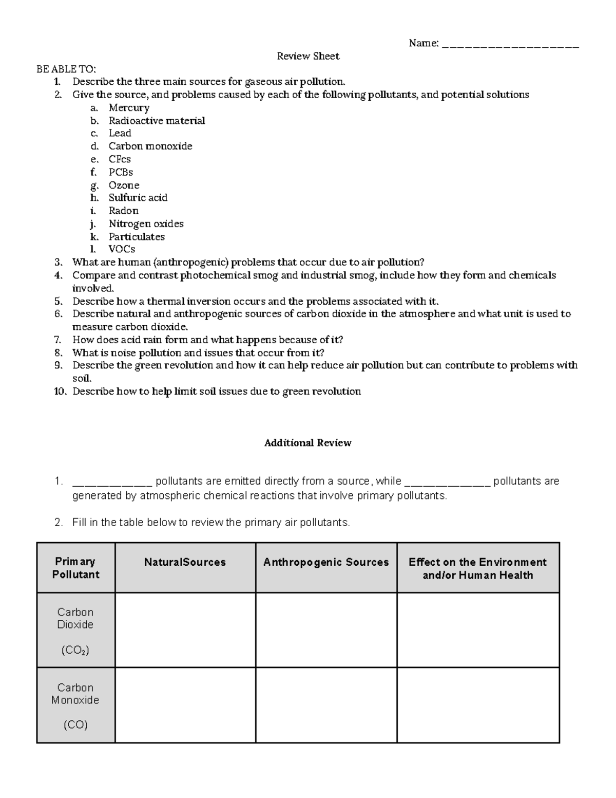 Review Sheet: Air Pollution Overview and Key Concepts - Studocu