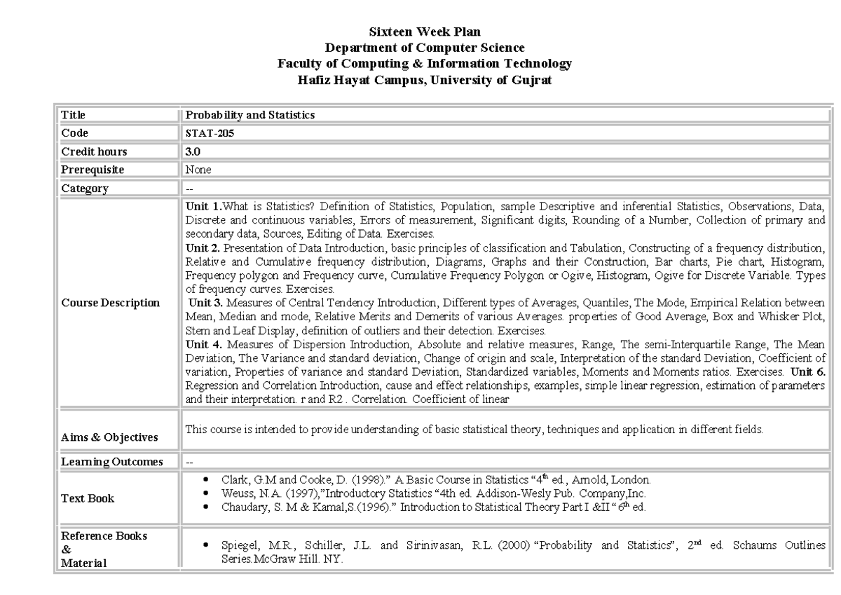 STAT-205 Probability and Statistics - Sixteen Week Plan Department of ...