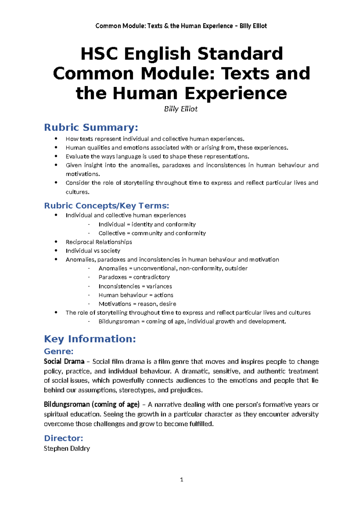 HSC English Standard - Billy Elliot: Final Exam Notes on Human ...