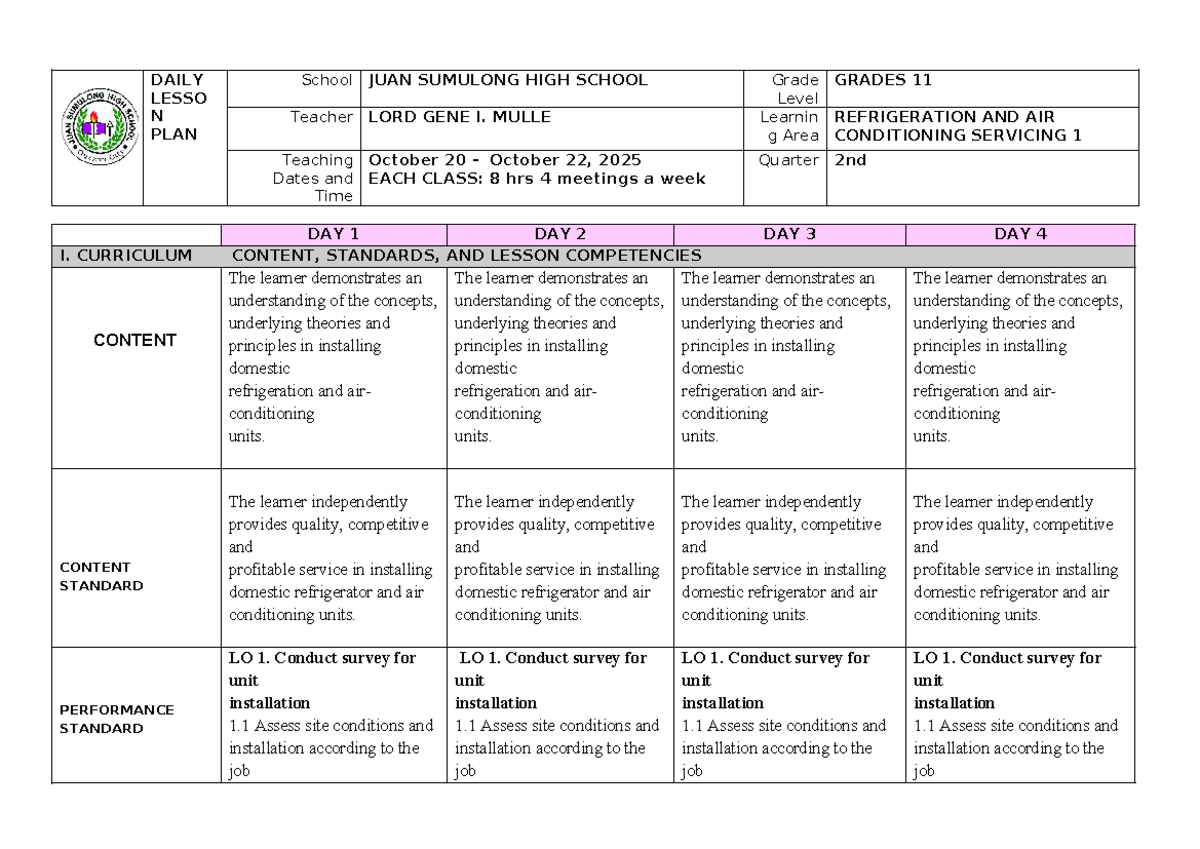 DAILY LESSON PLAN: REFRIGERATION & AIR CONDITIONING (GR 11) - Studocu