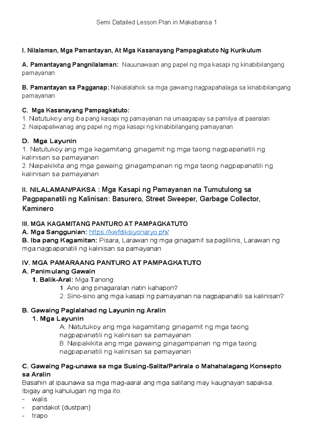 Semi-detailed Lesson Plan for Makabansa 1 (4th Quarter) - Studocu