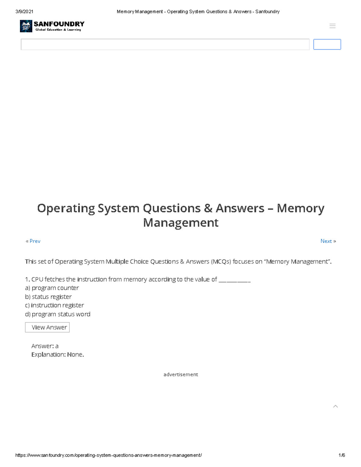 Memory Management - Operating System Questions & Answers - Sanfoundry - « Prev Next » Operating ...