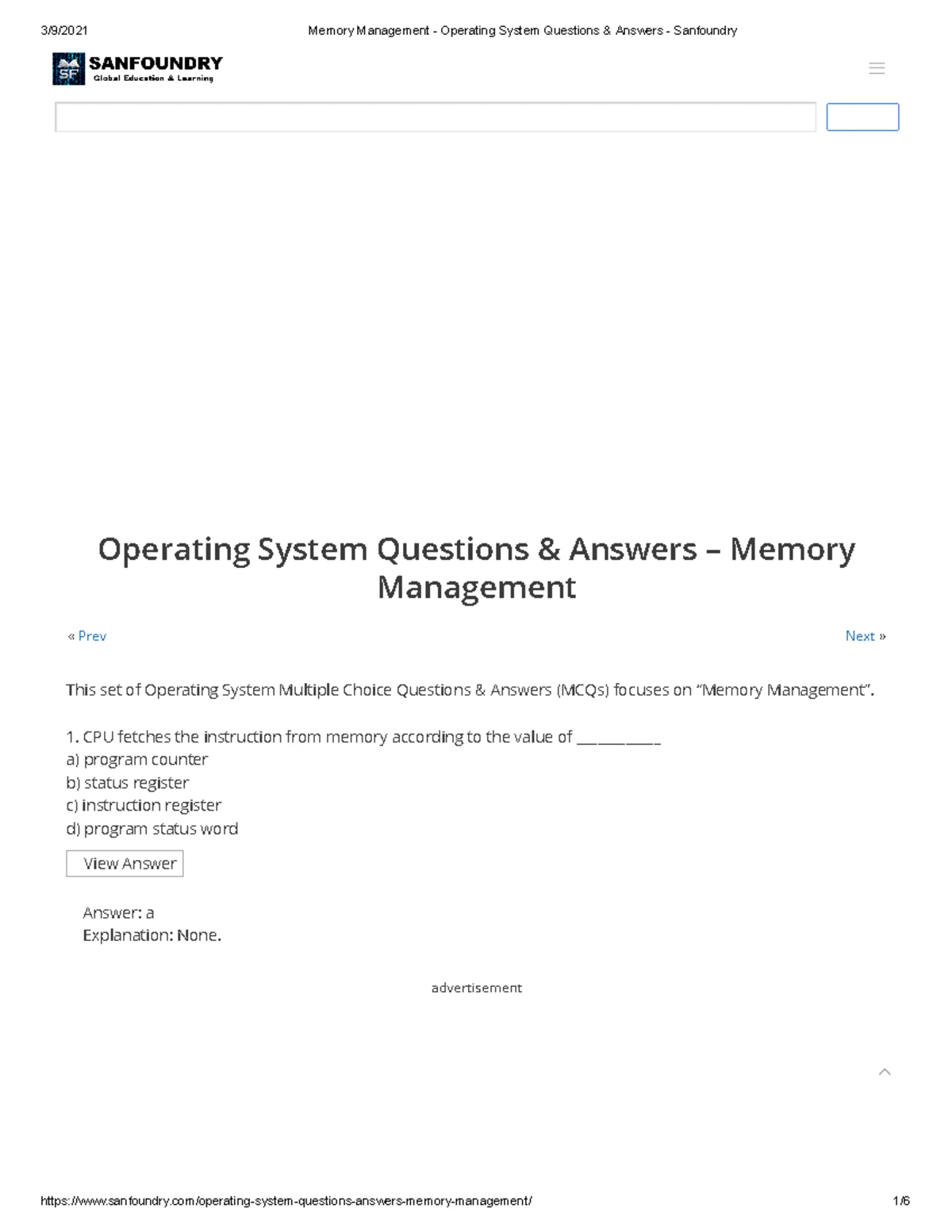 Process Management - Operating System Questions & Answers - Sanfoundry - « Prev Next » Operating ...