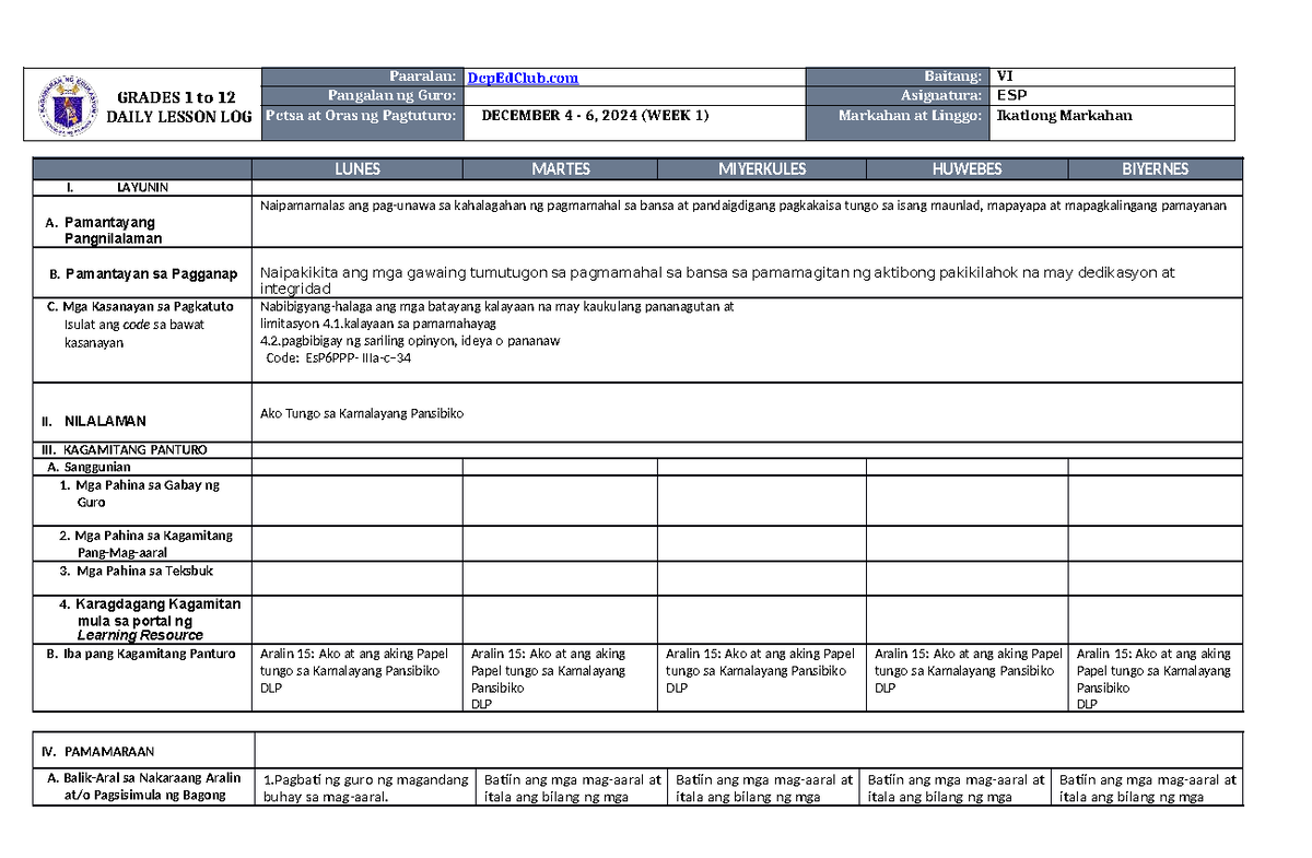 DLL ESP 6 Q3 W1: Daily Lesson Log for Grade 6 ESP - Studocu