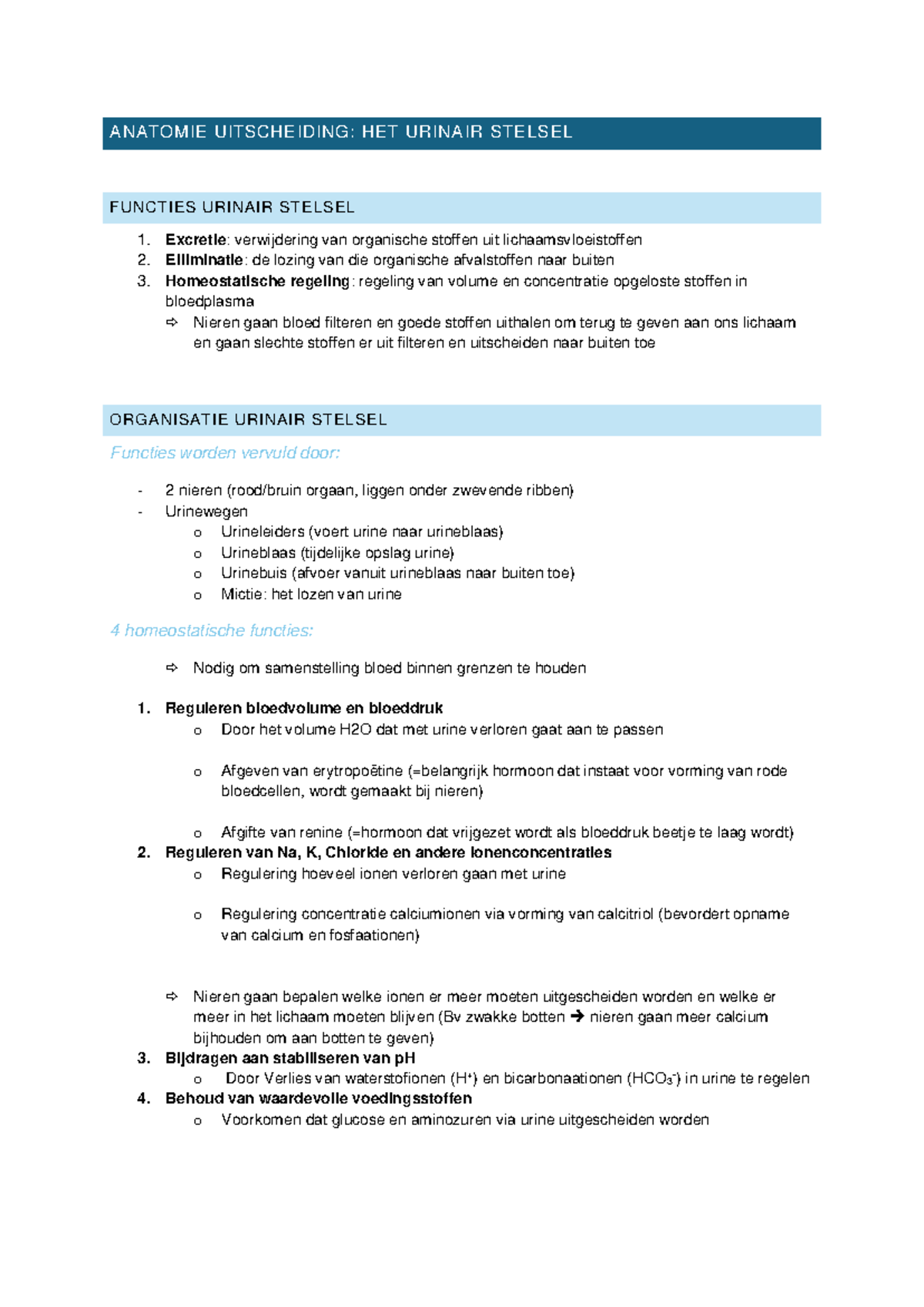 Samenvatting Anatomie Urinair Stelsel - Functies & Structuur - Studocu