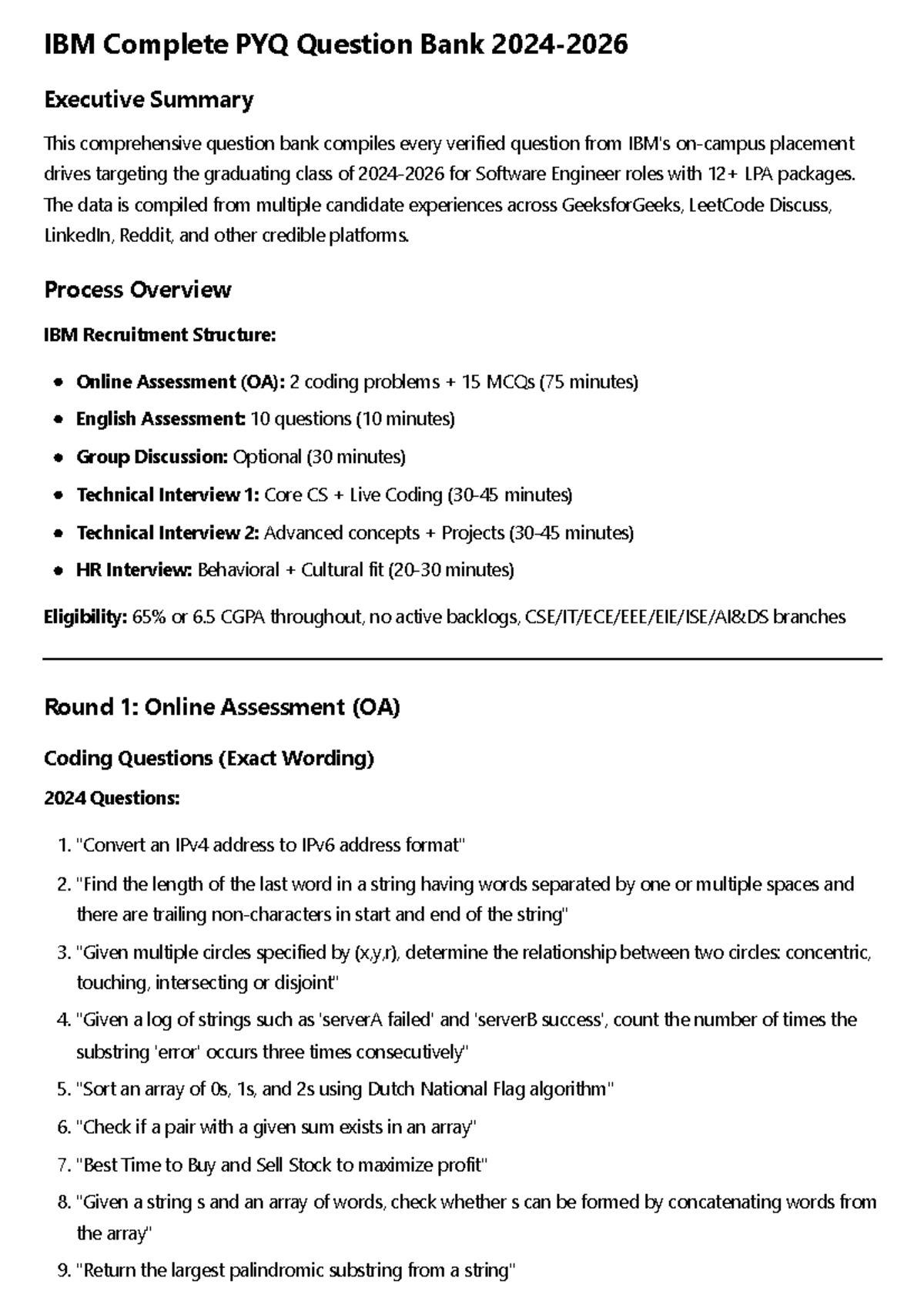 IBM Complete PYQ Question Bank for Software Engineer Roles (2024-2026) - Studocu