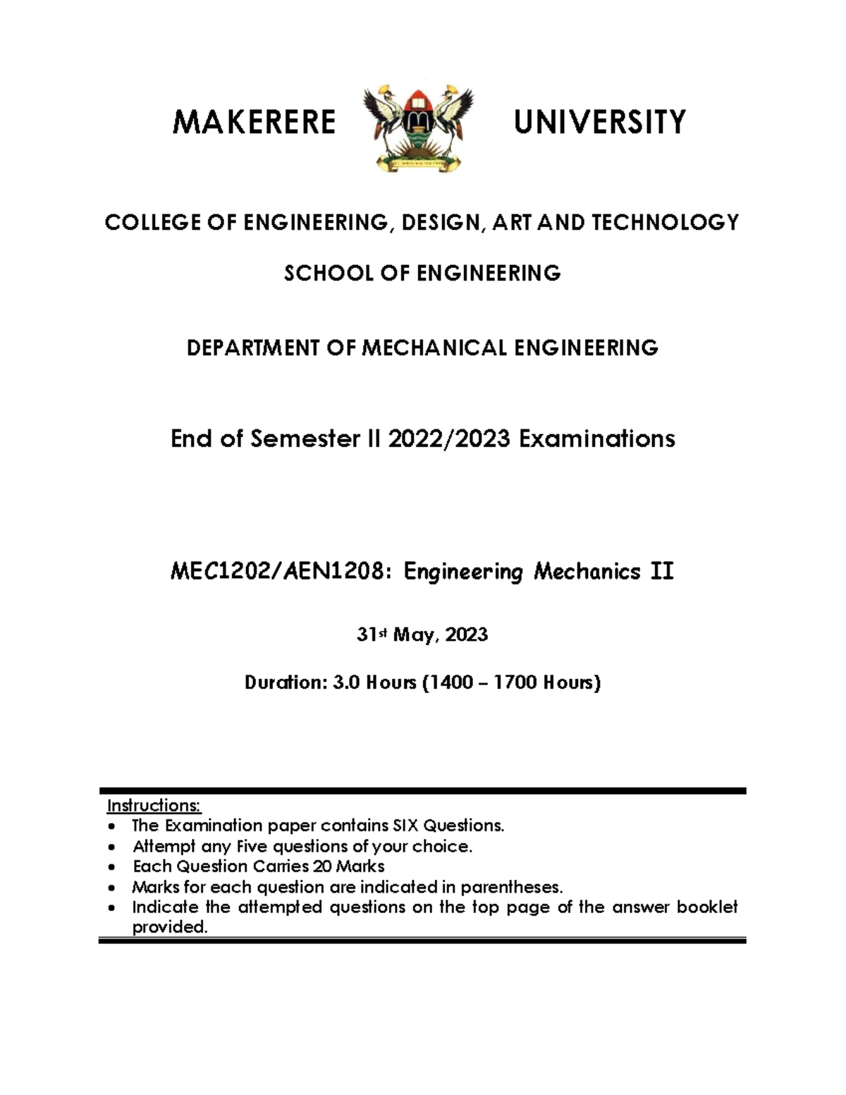 ENGR 202: Engineering Mechanics II End of Sem Exam - May 2023 - Studocu