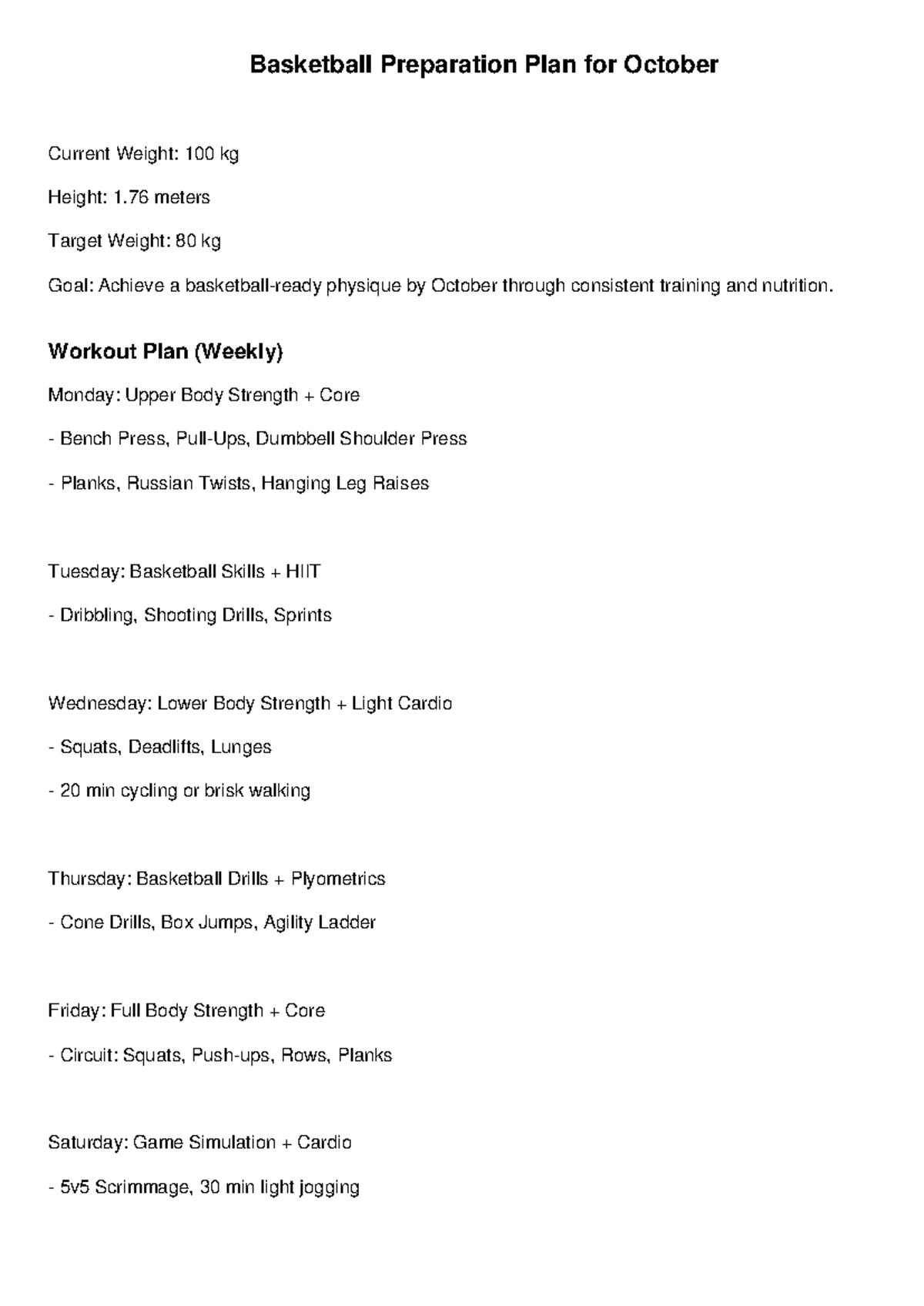 Basketball Training Plan for October: Weight Loss & Skills - Studocu
