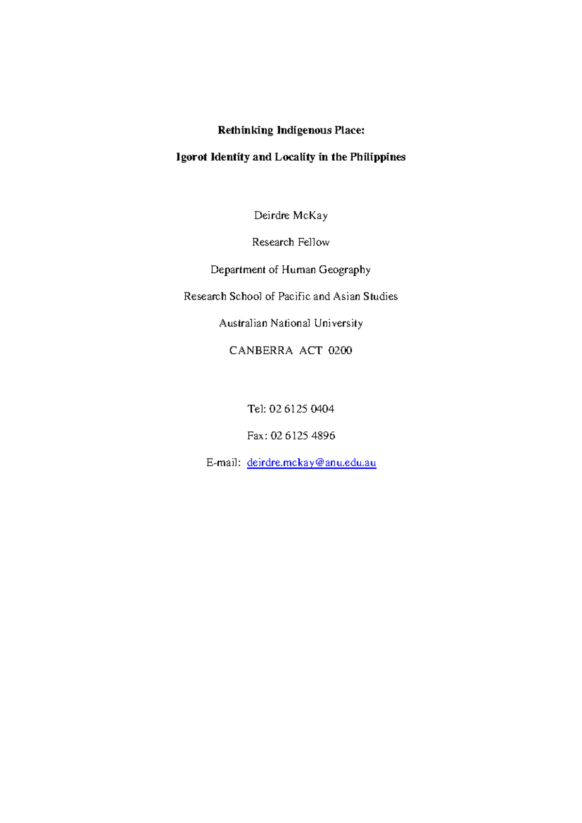 Igorot Identity and Locality in the Philippines: Rethinking Cultural ...