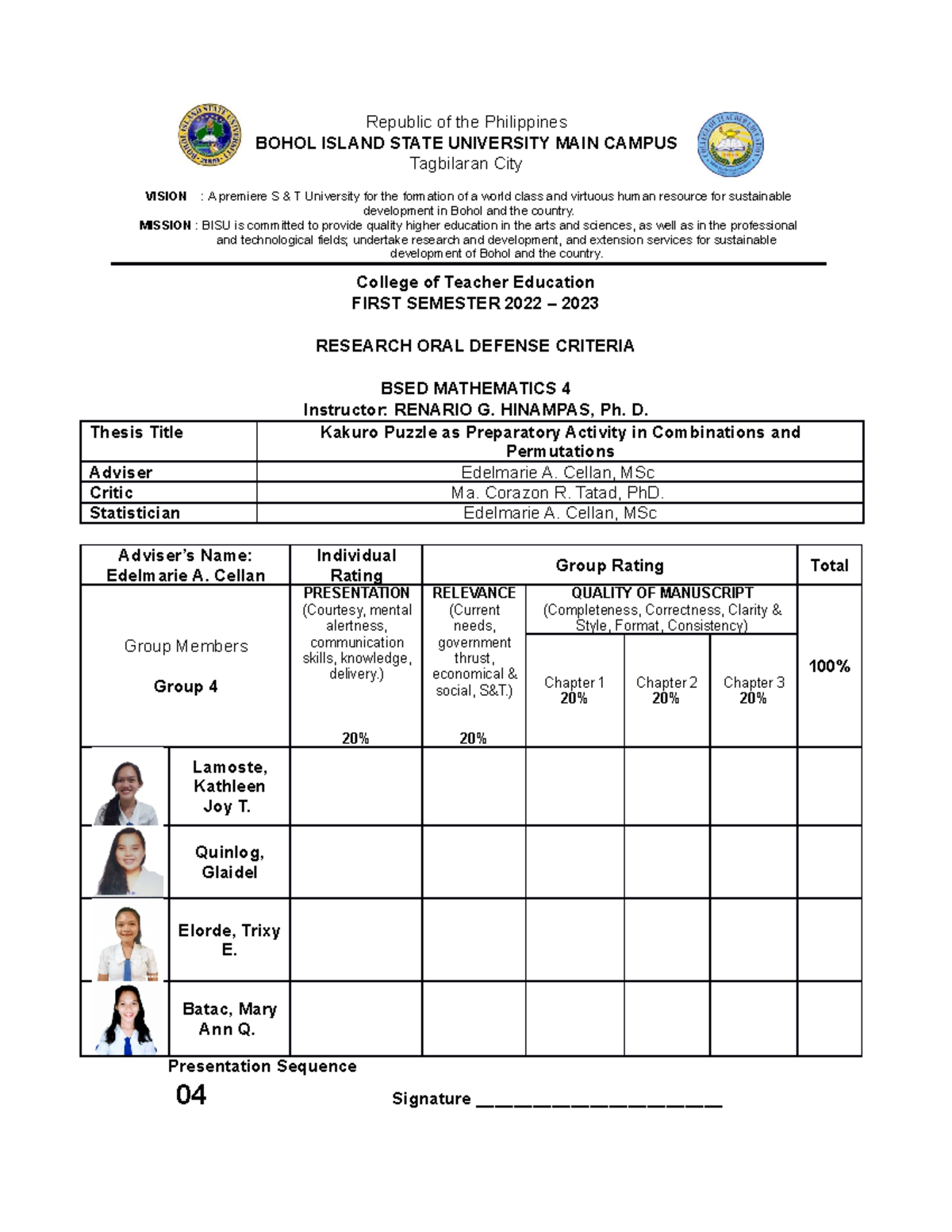 BSED 4 Research Oral Defense Scoring Sheet - First Sem, 2022-2023 - Studocu