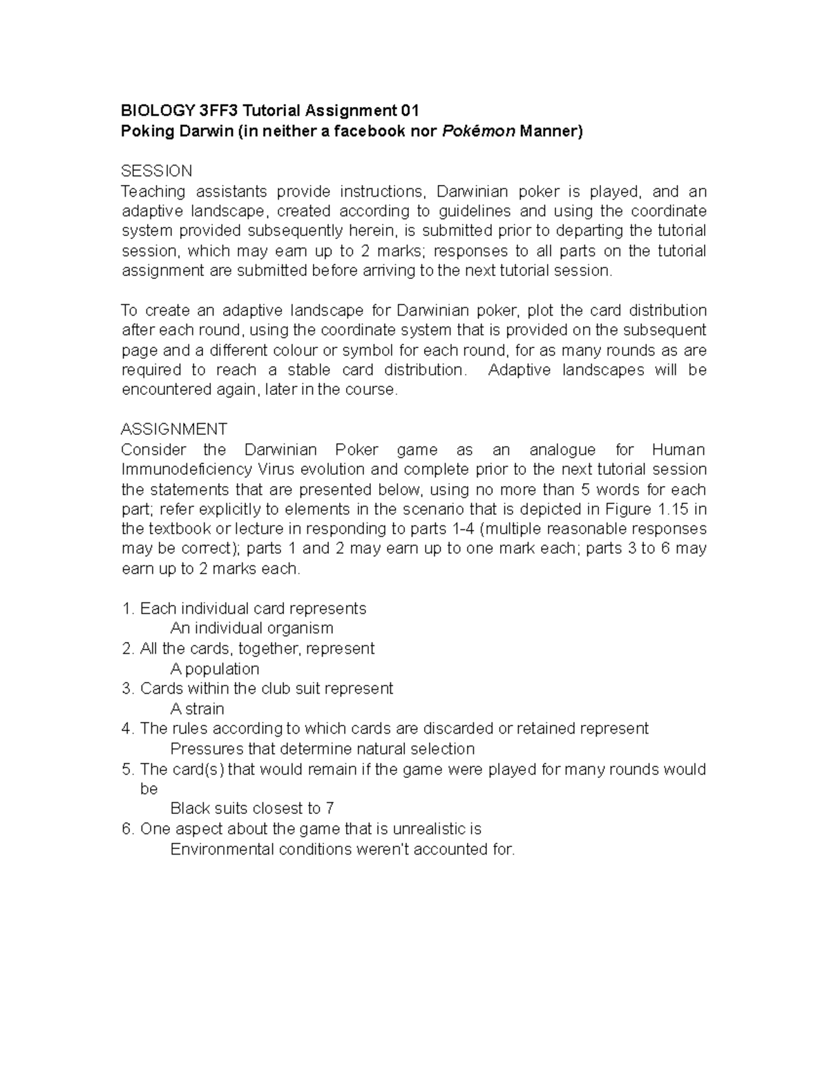 BIOLOGY 3FF3 Tutorial Assignment 01: Darwinian Poker Analysis - Studocu