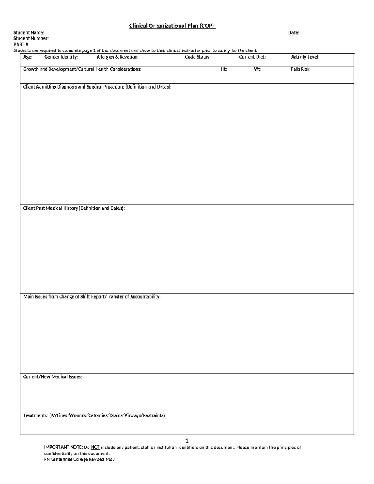 Clinical Organizational Plan (COP) W25 Draft for Nursing Students - Studocu