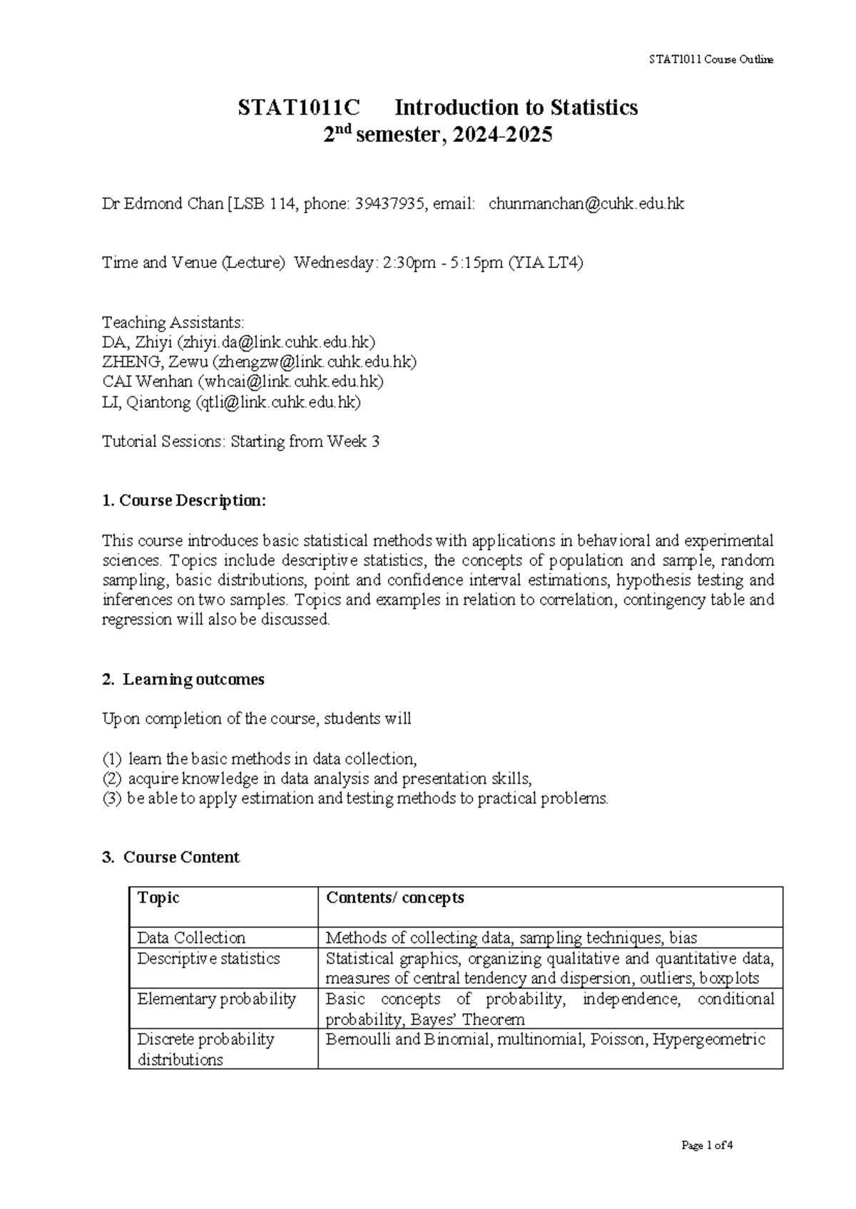 STAT1011C Course Outline: Introduction to Statistics Overview - Studocu