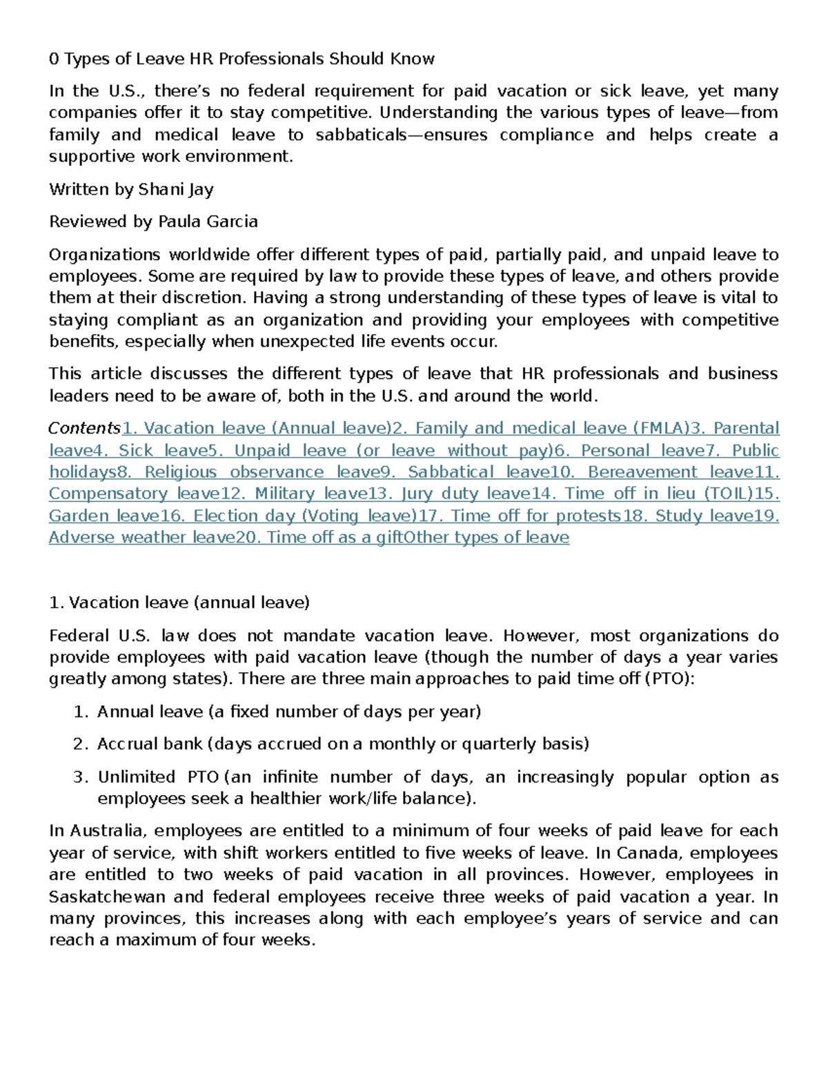 20 Types of Leave HR Professionals Must Know - HRM Guide - Studocu