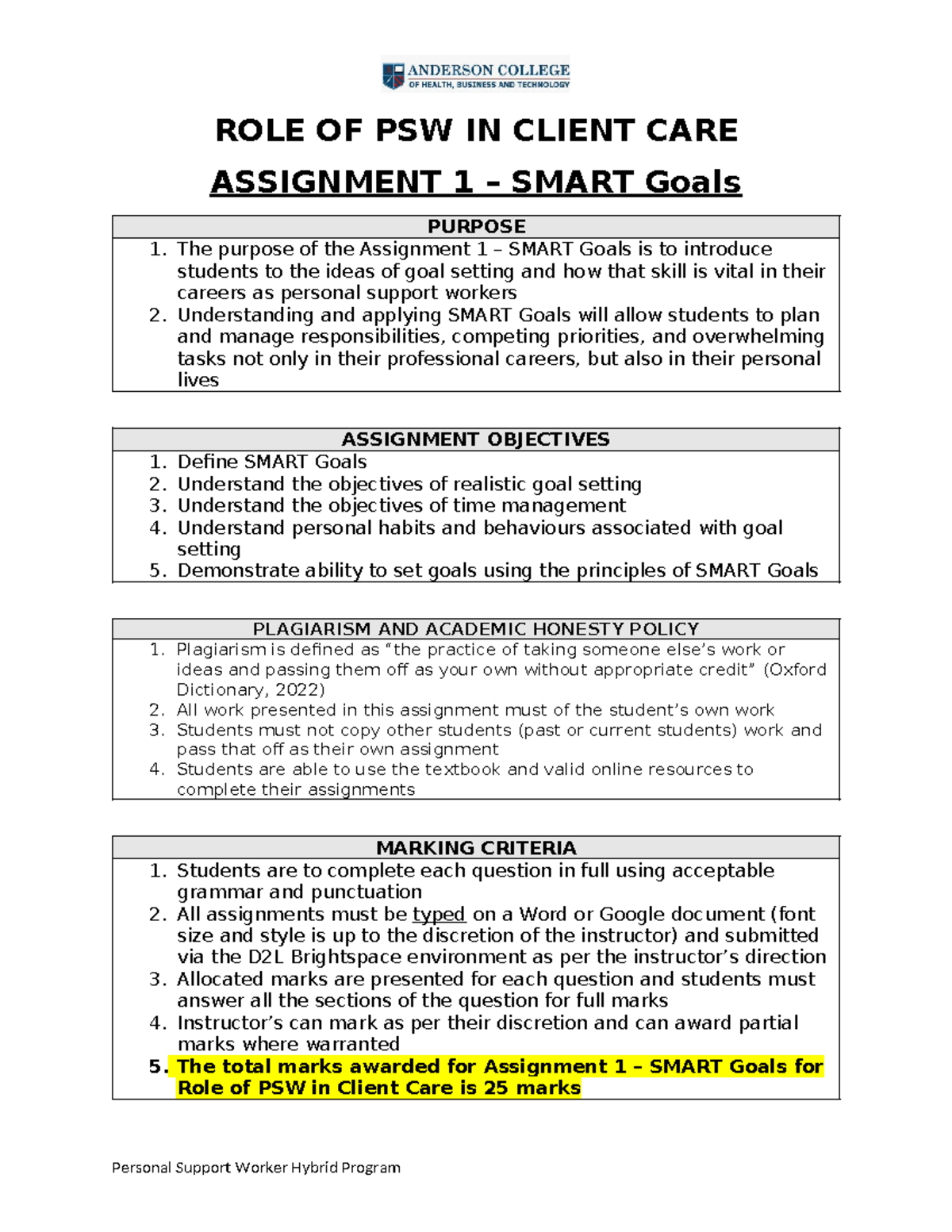 Role of PSW in Client Care: Assignment 1 - SMART Goals Guide - Studocu