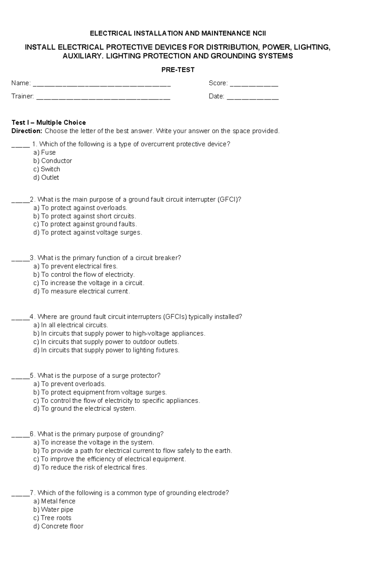 ELECTRICAL INSTALLATION NCII: PRE-TEST & POSTEST ANALYSIS - Studocu