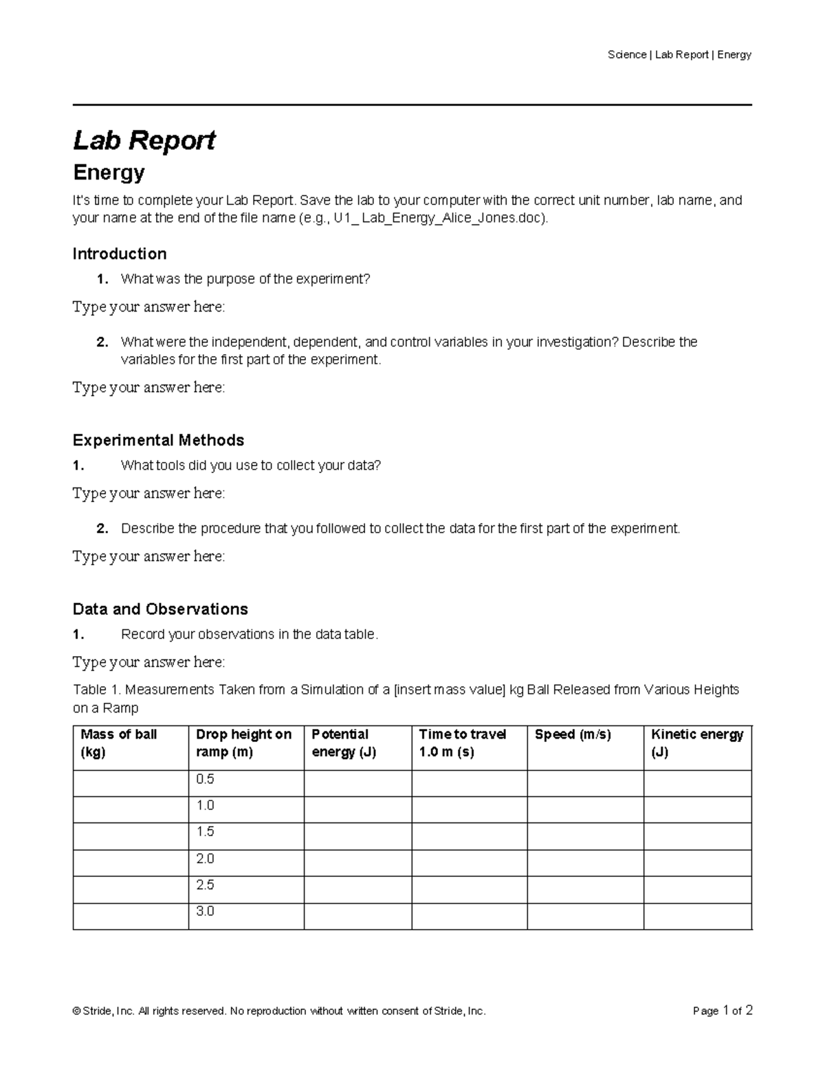 SCI08BDE4 Lab Report Energy.docx ga=2.185291113 - Science | Lab Report ...