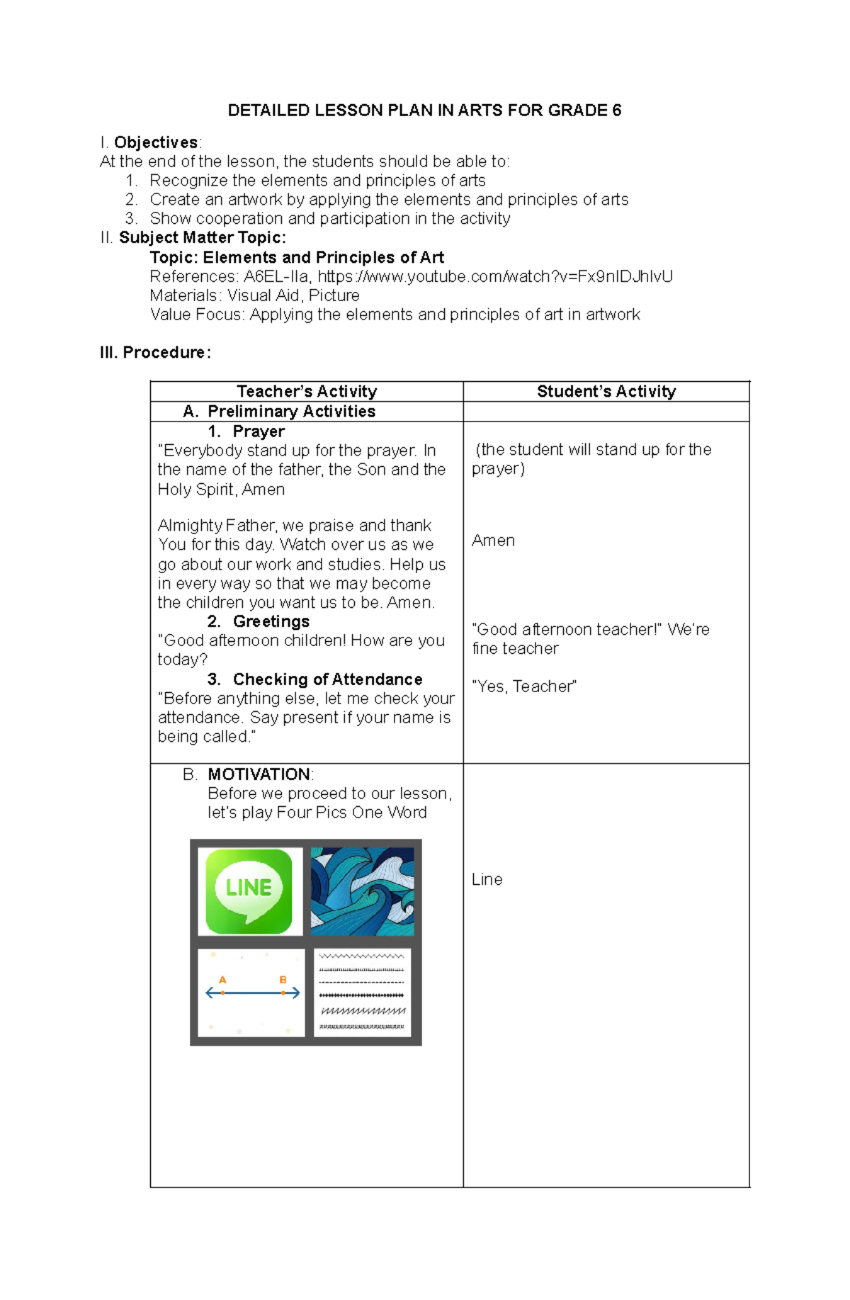 Grade 6 Arts LP: Detailed Lesson Plan on Art Elements & Principles ...