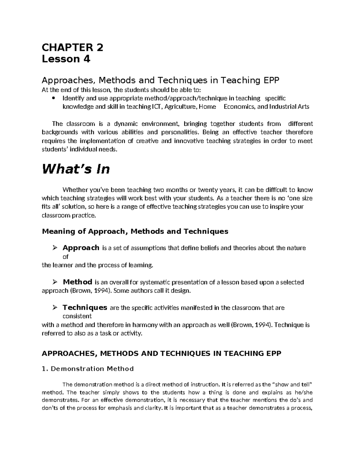 515182031 Lesson 4: Approaches and Methods in Teaching EPP - Studocu