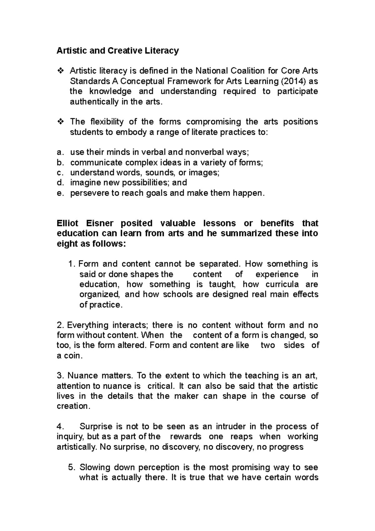 Artistic and Creative Literacy Lecture Notes - Artistic and Creative ...